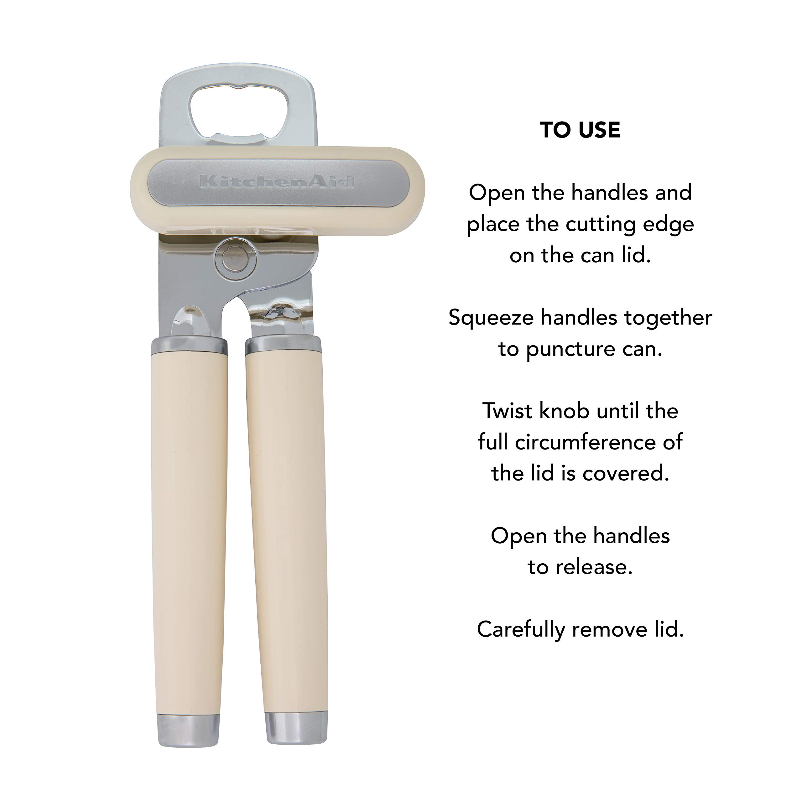 KitchenAid Classic Multifunction Can Opener and Bottle Opener Easy to Use, Razor Sharp Stainless Steel Cutting Wheel, Soft Ergonomic Handles, Almond Cream