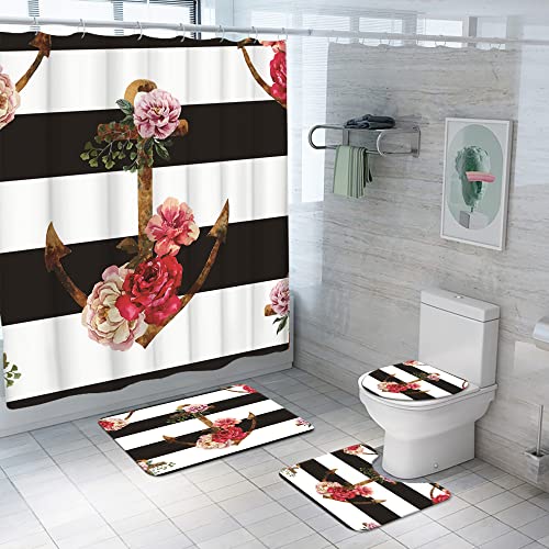 LyerArtork 4Pcs Nautical Shower Curtain Sets with Non-Slip Rug Toilet Lid Cover and Bath Mat Rose Striped Bathroom Curtains with 12 Hooks Washable Fabric Cloth Bathroom Decor