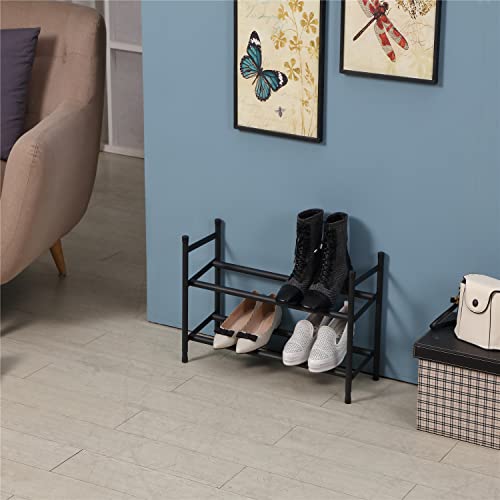 CATDMO 2-Tier Free Standing Shoe Rack Metal Iron Stackable and extensible design. 4 Pair Shoe Shelf Tower Storage Organizer, Black,41.5" (W) x 9" (D) x 14" (H) (Black) KNE-SRIRAC12