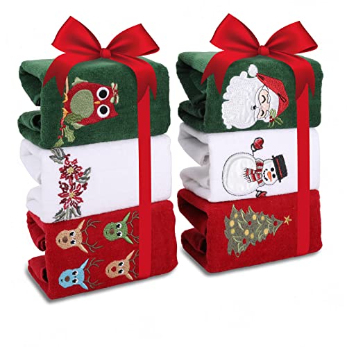 Christmas Kitchen Towels Set of 6, Cotton Christmas Hand Towels for Bathroom, Embroidery Design Holiday Tea Towels Fingertip Towels, Soft Kitchen Dish Towel, 12x18" (Red Green White)