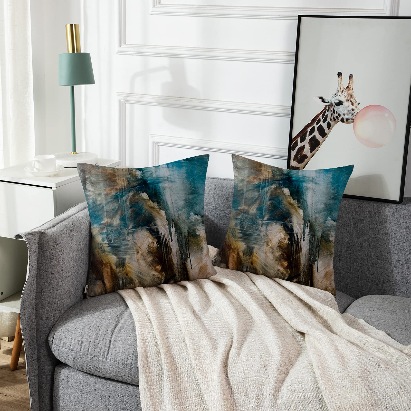 Emvency Set of 2 Throw Pillow Covers Modern Abstract Messy Turquoise Black and Brown Retro Painting Decorative Pillow Cases Home Decor Standard Square 18x18 Inches Pillowcases