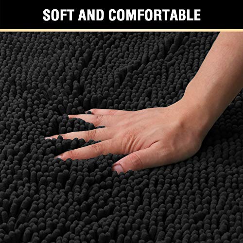 H.VERSAILTEX (Set of 2) Super Thick Soft Shaggy Chenille Bath Mats Machine Washable Bath Rugs Set for Bathroom, Dry Fast Water Absorbent Bath Mats, Black (Pack 2-20" x 32"/17" x 24")