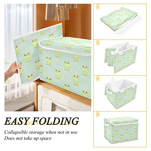 Krafig Cartoon Animal Frog Foldable Storage Box Large Cube Organizer Bins Containers Baskets with Lids Handles for Closet Organization, Shelves, Clothes, Toys