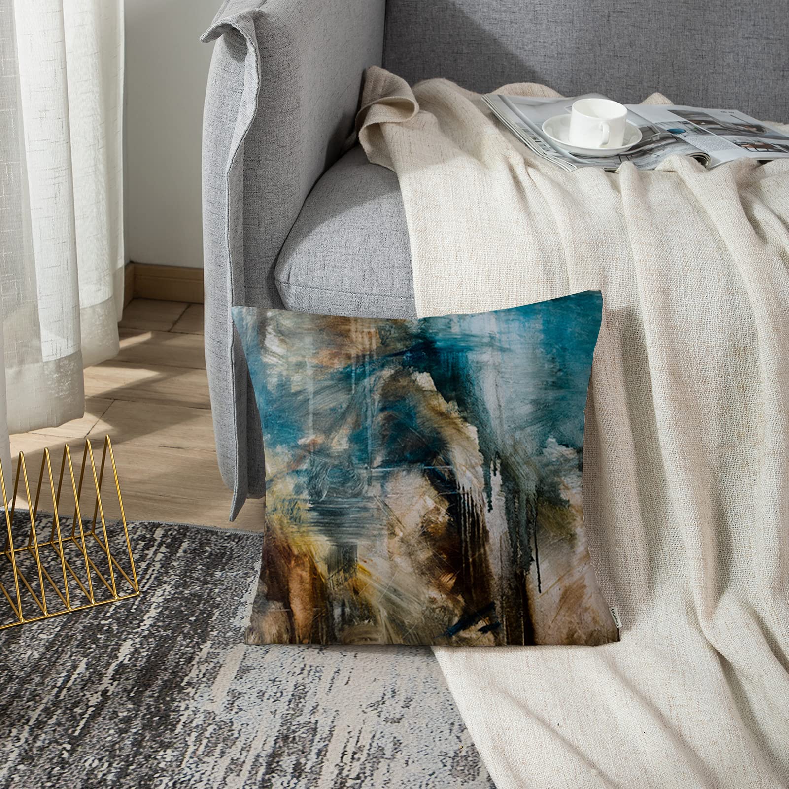 Emvency Set of 2 Throw Pillow Covers Modern Abstract Messy Turquoise Black and Brown Retro Painting Decorative Pillow Cases Home Decor Standard Square 18x18 Inches Pillowcases