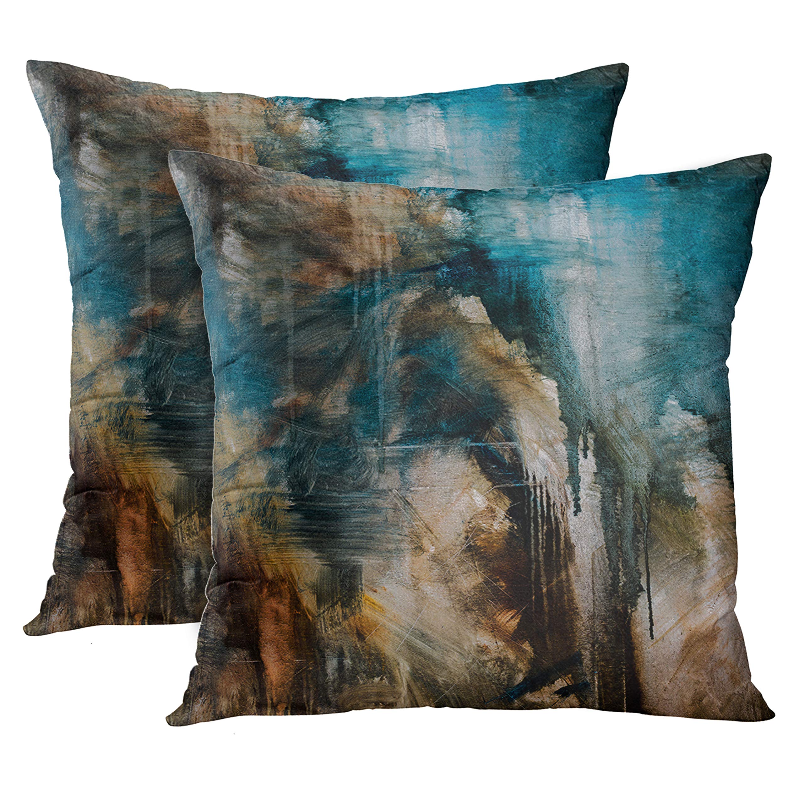 Emvency Set of 2 Throw Pillow Covers Modern Abstract Messy Turquoise Black and Brown Retro Painting Decorative Pillow Cases Home Decor Standard Square 18x18 Inches Pillowcases