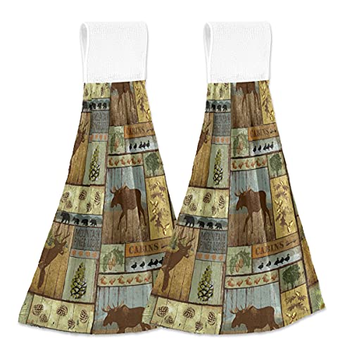 Giwawa Cabins Moose Hand Towel 2pcs Absorbent Lodge Bear Retro Hanging Towels Soft Woodland Cabin Dish Towels Fast Drying Nature Wildlife Deer Hanging Tie Towel for Kitchen Bathroom Home Decor 12x17in
