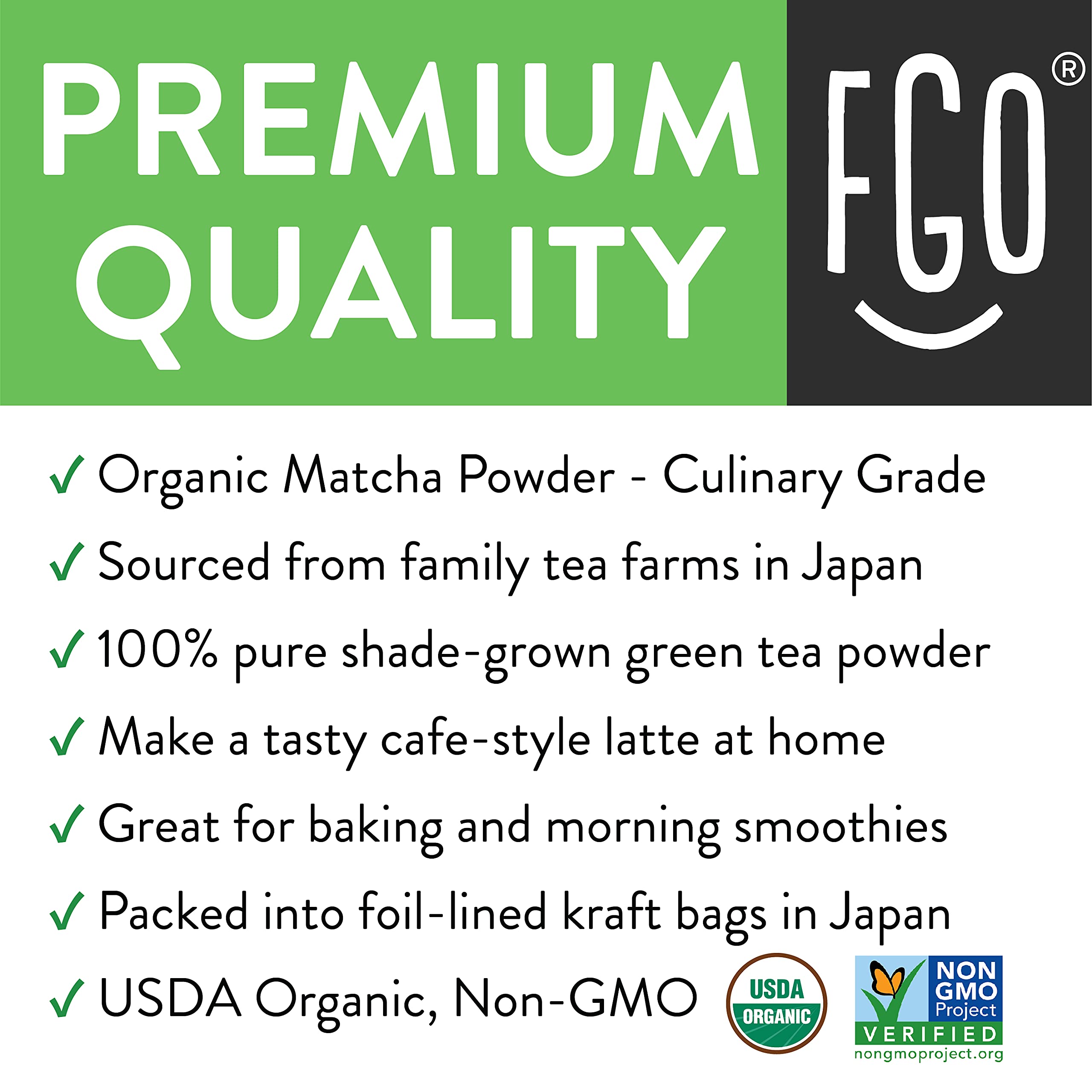 FGO Organic Matcha Green Tea Powder, Japanese Culinary Grade for Cooking, Baking, and Smoothies, 4 Ounce Resealable Bag, Packaging May Vary (Pack of 1)