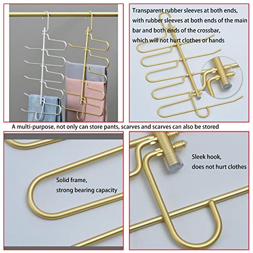 Gold Aluminum Alloy Magic Pants Hangers Space Saving Closet Hangers 5 Layers 4 Uses Multi Functional Pants Rack Heavy Duty Wardrobe Organizer Racks for Jeans, Suit Pants, Towel (2 Pack)