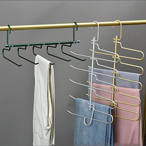 Gold Aluminum Alloy Magic Pants Hangers Space Saving Closet Hangers 5 Layers 4 Uses Multi Functional Pants Rack Heavy Duty Wardrobe Organizer Racks for Jeans, Suit Pants, Towel (2 Pack)