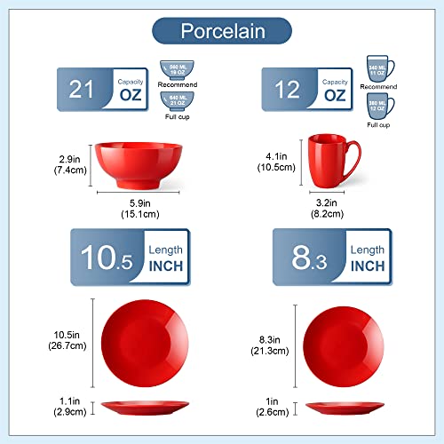 LOVECASA Red Dinnerware Sets for 4, 16 PCS Porcelain Dishes Set, Round Plates and Bowls Sets Including Dinner Plates, Dessert Plates, Bowls and Mugs, Microwave&Dishwasher Safe, Orangered