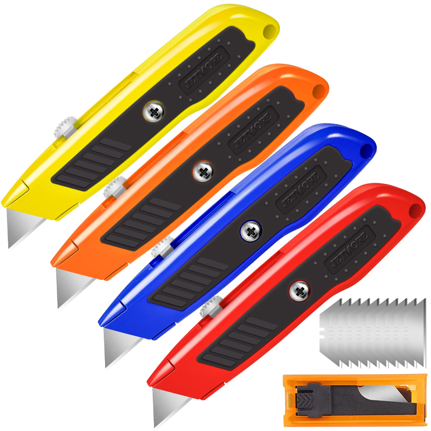 Jetmore 4 Pack Box Cutter Utility Knife, Heavy Duty Box Cutter Knife Razor Knife with 10 SK5 Blades, Box Cutter Retractable, Aluminum Shell Box Opener Box Knife for Home Office Construction