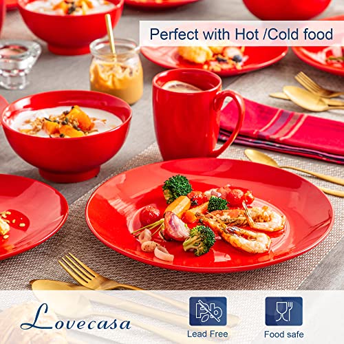 LOVECASA Red Dinnerware Sets for 4, 16 PCS Porcelain Dishes Set, Round Plates and Bowls Sets Including Dinner Plates, Dessert Plates, Bowls and Mugs, Microwave&Dishwasher Safe, Orangered