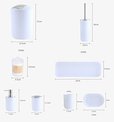 Bathroom Accessories Set, 8 Piece Plastic Gift Set, Toothbrush Holder, Toothbrush Cup, Soap Dispenser, Soap Dish, Toilet Brush Holder, Trash Can (White)