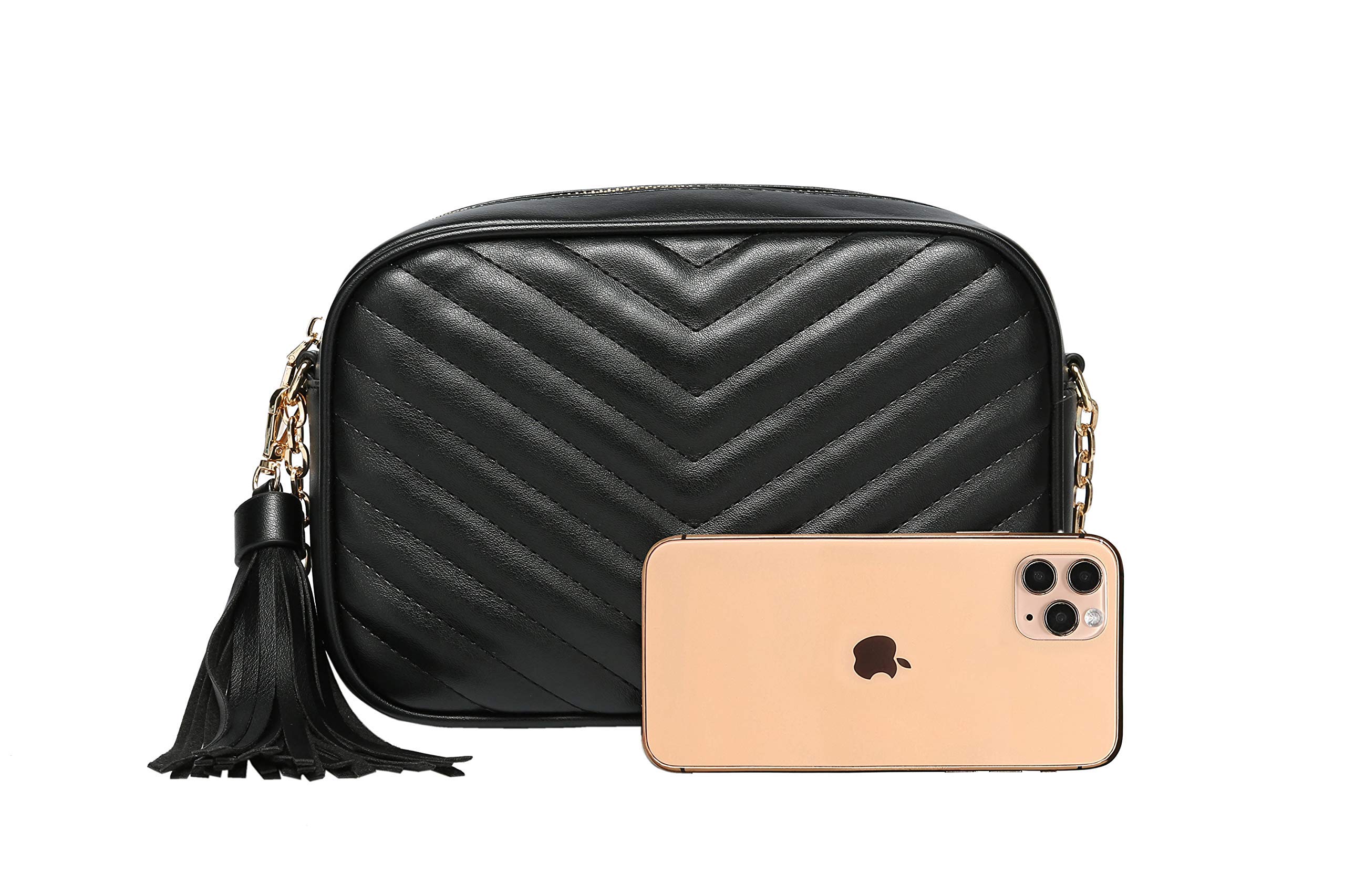 Daisy Rose Quilted Chevron Shoulder Cross Body Bag & Detachable Tassel, PU Vegan Leather - Black
