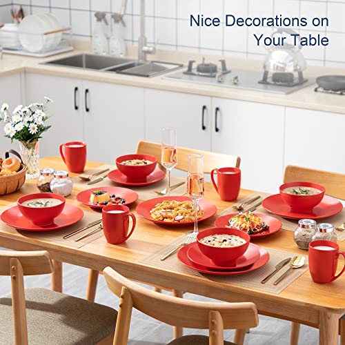 LOVECASA Red Dinnerware Sets for 4, 16 PCS Porcelain Dishes Set, Round Plates and Bowls Sets Including Dinner Plates, Dessert Plates, Bowls and Mugs, Microwave&Dishwasher Safe, Orangered