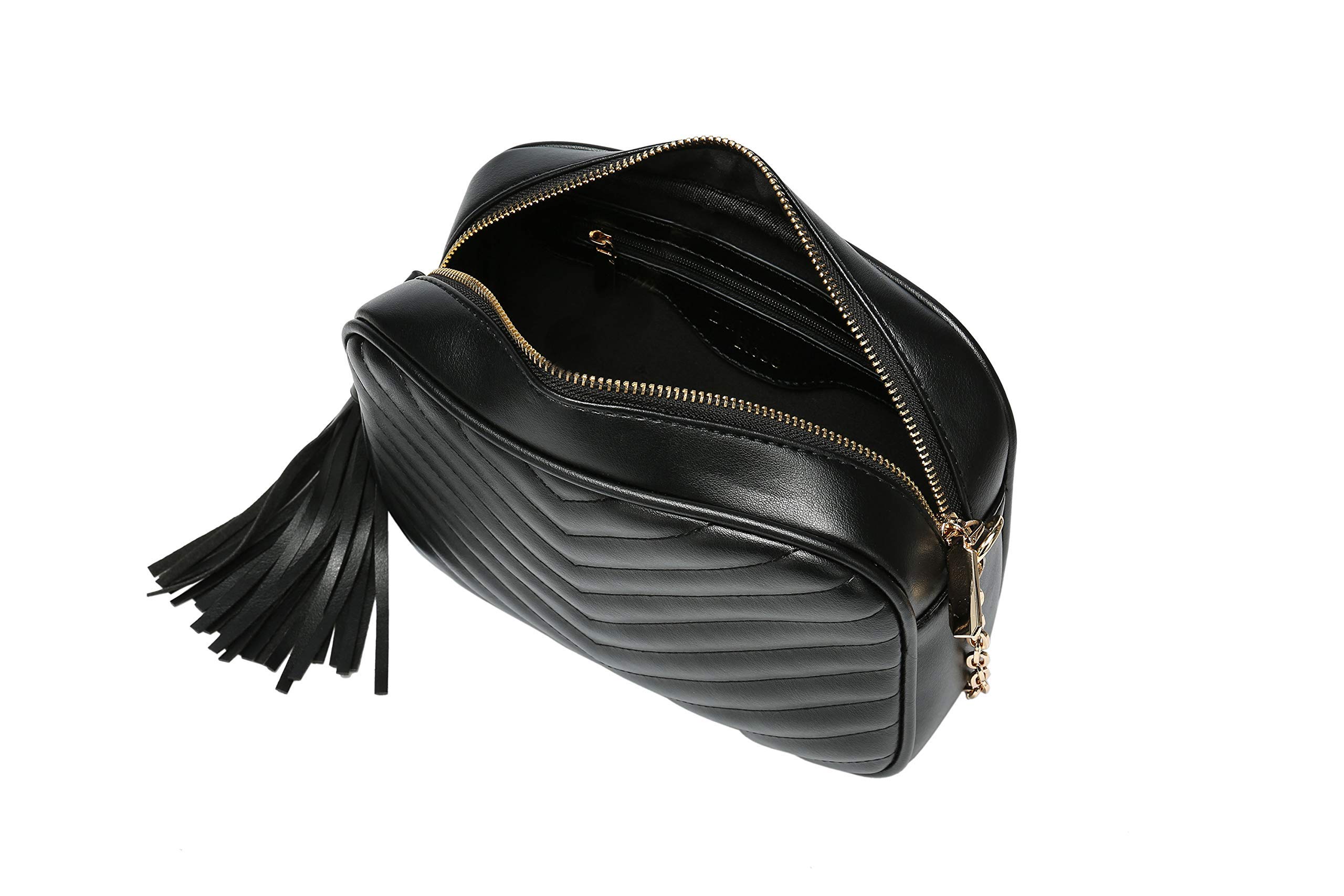 Daisy Rose Quilted Chevron Shoulder Cross Body Bag & Detachable Tassel, PU Vegan Leather - Black