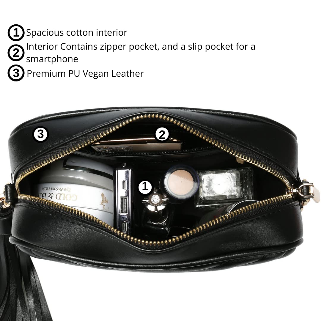 Daisy Rose Quilted Chevron Shoulder Cross Body Bag & Detachable Tassel, PU Vegan Leather - Black