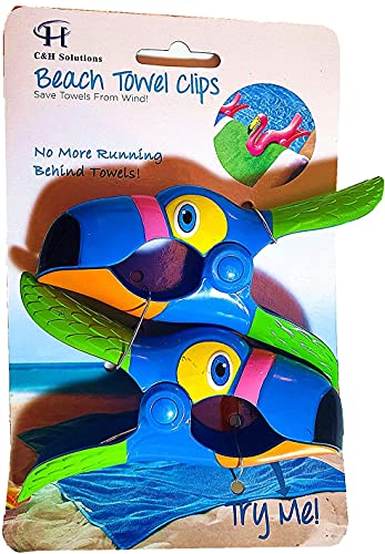 C&H Beach Tower Clips, Beach Towel Holders, Clips, Beach, Patio or Pool Accessories, Portable Towel Clips, Chip Clips, Secure Clips, Toucan Style (2 Set Per Order)