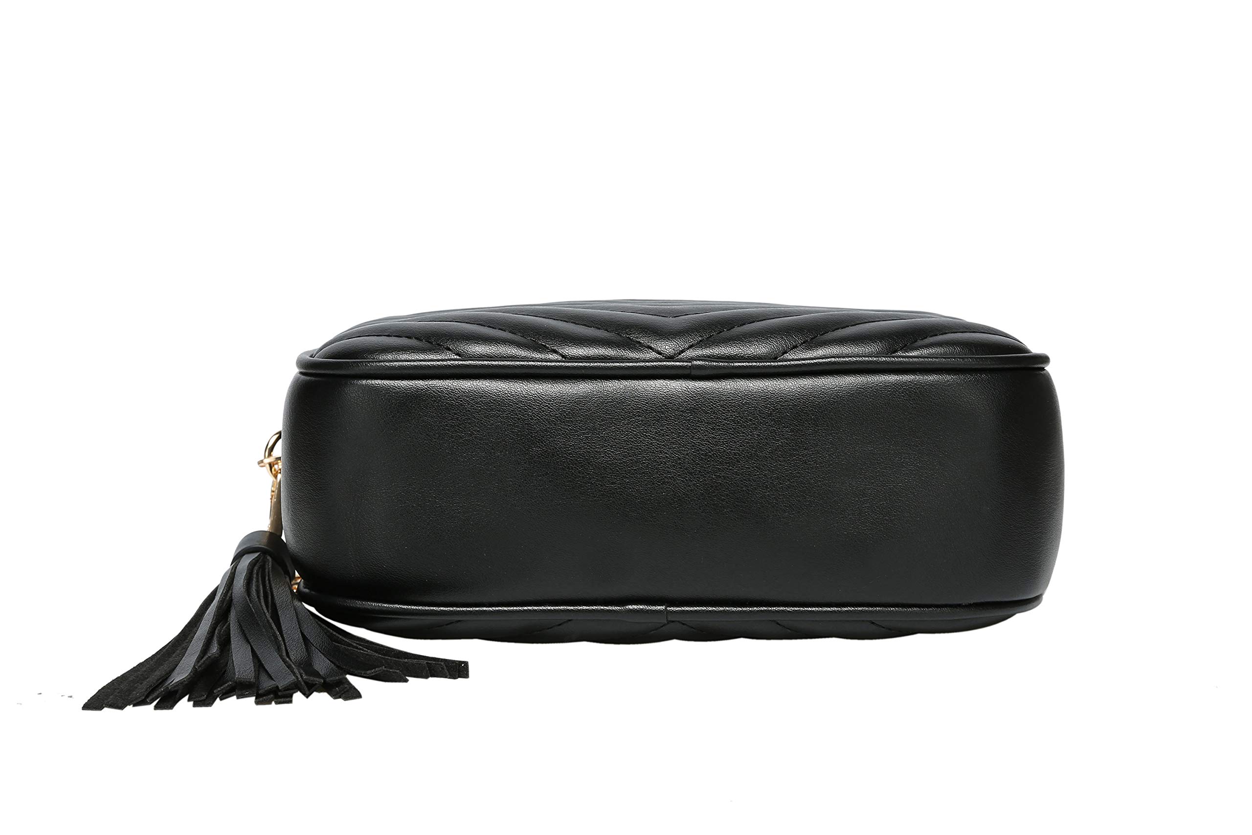 Daisy Rose Quilted Chevron Shoulder Cross Body Bag & Detachable Tassel, PU Vegan Leather - Black