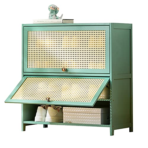 QQXX Bamboo Shoe Cabinet,Modern Entryway Shoe Storage Cabinet with Rattan Doors,Flip Shoe Rack Cabinet Shoe Organizer,Premium Storage Cabinet for Hallway Bathroom Kitchen(4tiers-31.5", Green)