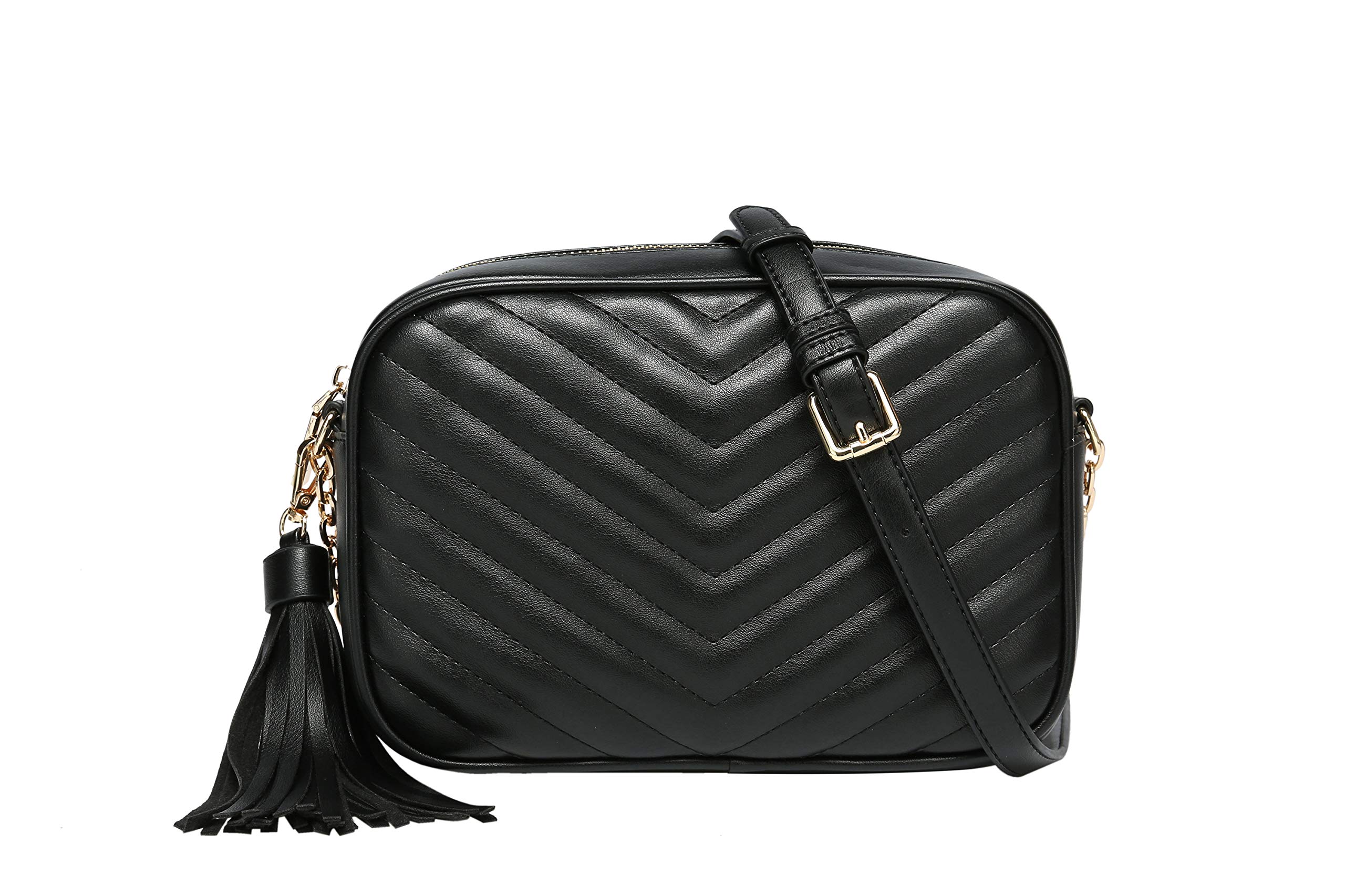 Daisy Rose Quilted Chevron Shoulder Cross Body Bag & Detachable Tassel, PU Vegan Leather - Black
