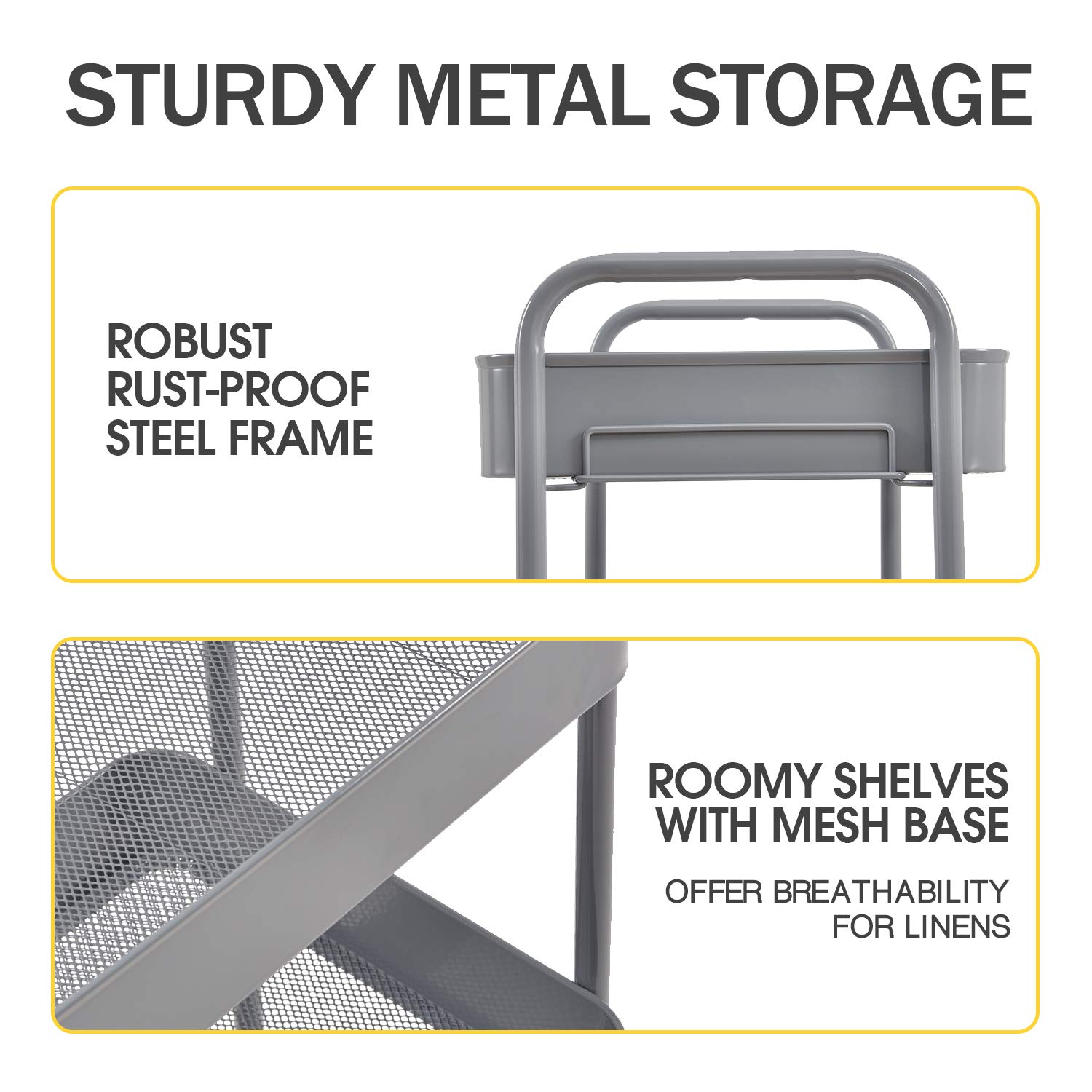 TOOLF 3-Tier Rolling Cart, Metal Utility Cart with Lockable Wheels, Storage Craft Art Cart Trolley Organizer Serving Cart Easy Assembly for Office, Bathroom, Kitchen, Kids' Room, Classroom (Grey)