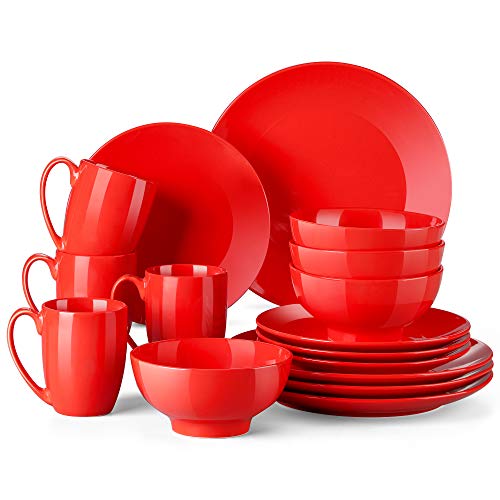 LOVECASA Red Dinnerware Sets for 4, 16 PCS Porcelain Dishes Set, Round Plates and Bowls Sets Including Dinner Plates, Dessert Plates, Bowls and Mugs, Microwave&Dishwasher Safe, Orangered