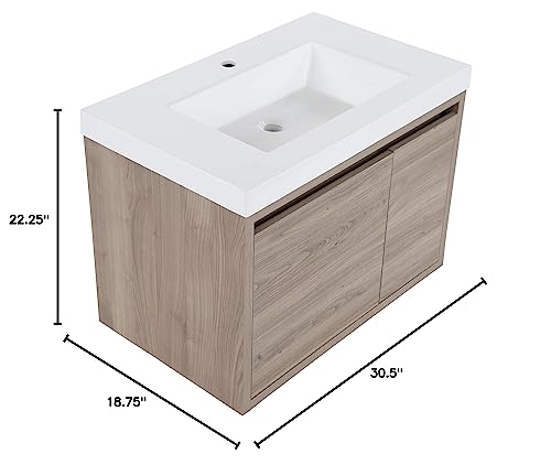 Spring Mill Cabinets Kelby 30 Inch Modern Floating Bathroom Vanity with White Single Sink Top, 1-Door Cabinet, 1 Soft-Close Drawer, 30.5" W x 18.75" D x 22.25" H, Forest Elm