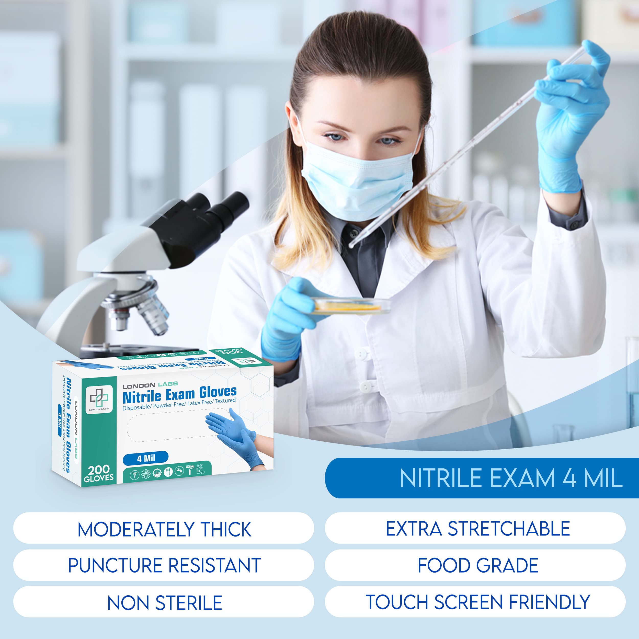 London Labs Nitrile Medical Exam Gloves 4 Mil Disposable Gloves, Latex Free Glove, Powder Free Multi-Purpose (200, X-Small)