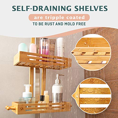 Crew & Axel Bamboo Hanging Shower Caddy Rustproof Made from Natural Bamboo 2 Level Storage Organizer Waterproof & Anti Stain - Over The Shower Head Caddy 27" x 11" x 5"