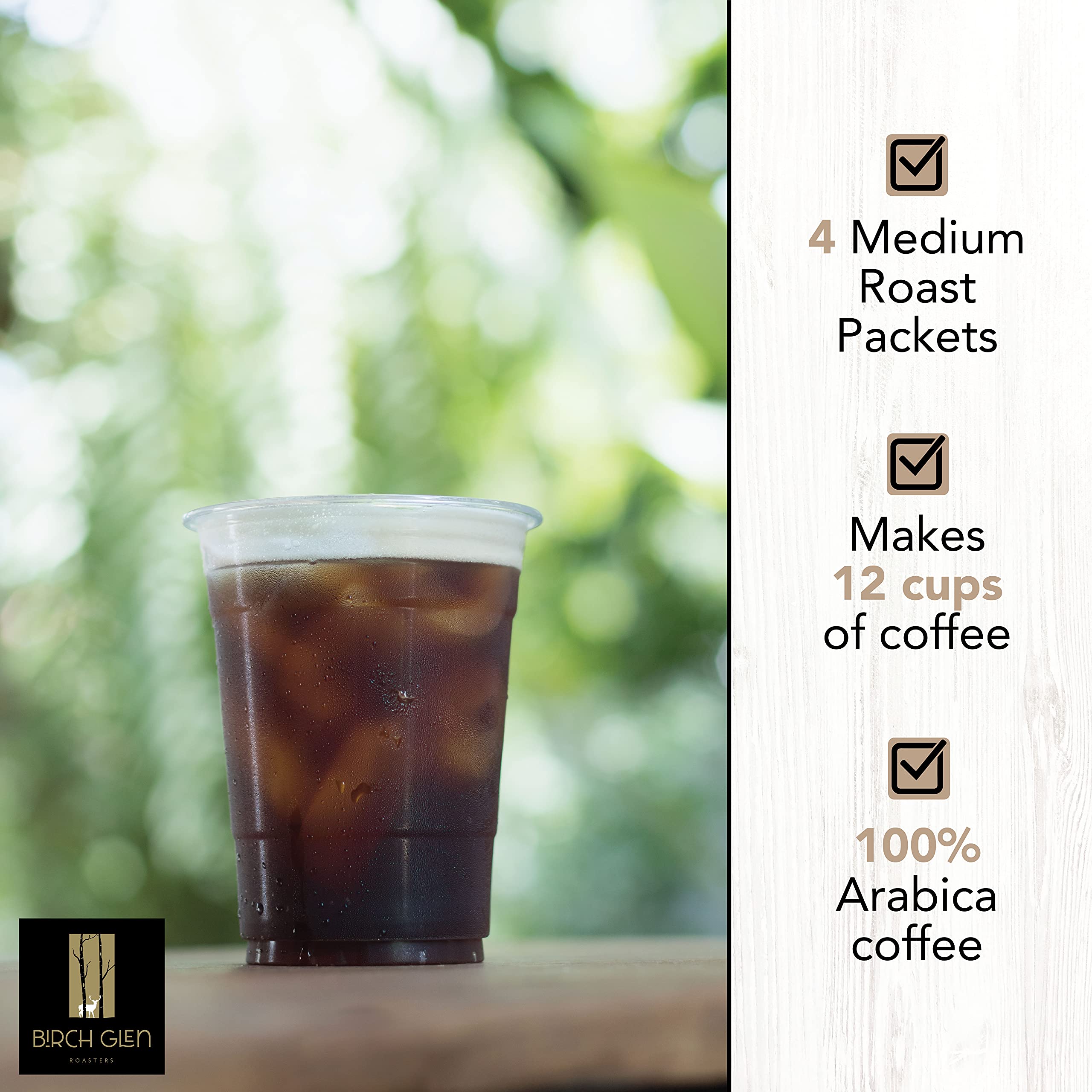 Birch Glen Roasters Ready to Go Cold Brew Coffee Bags - 4 Packets of Medium Roast Coarse Ground Coffee- No Machine Needed, Ready to Go Easy Cold Brewing Bags for Pitcher Servings- 100% Arabica Coffee - Kosher