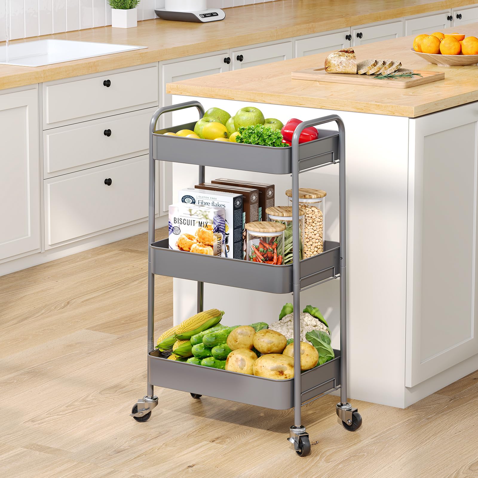 TOOLF 3-Tier Rolling Cart, Metal Utility Cart with Lockable Wheels, Storage Craft Art Cart Trolley Organizer Serving Cart Easy Assembly for Office, Bathroom, Kitchen, Kids' Room, Classroom (Grey)