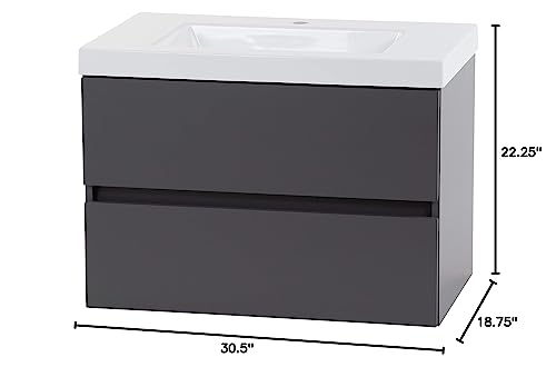 Spring Mill Cabinets Innes 30 Inch Floating Bathroom Vanity with White Single Sink Top, 2 Soft-Close Drawers, 30.5" W x 18.75" D x 22.25" H, Cement