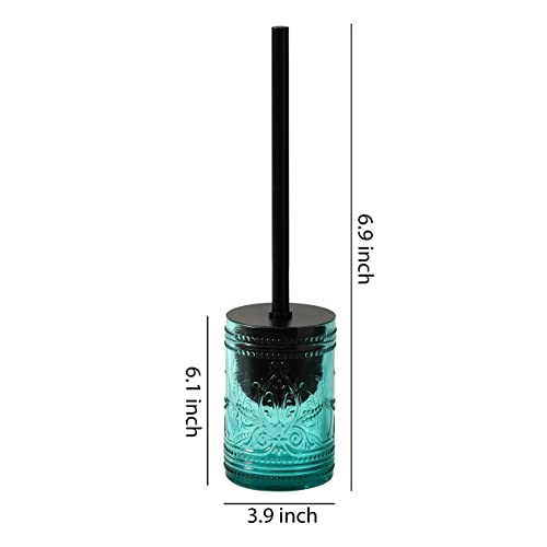 5PCs Teal Blue Glass Bathroom Accessories Set & Toilet Brush and Holder with Decorative Pressed Pattern - Includes Hand Soap Dispenser & Tumbler & Soap Dish & Toothbrush Holder& Toilet Brush and Holde