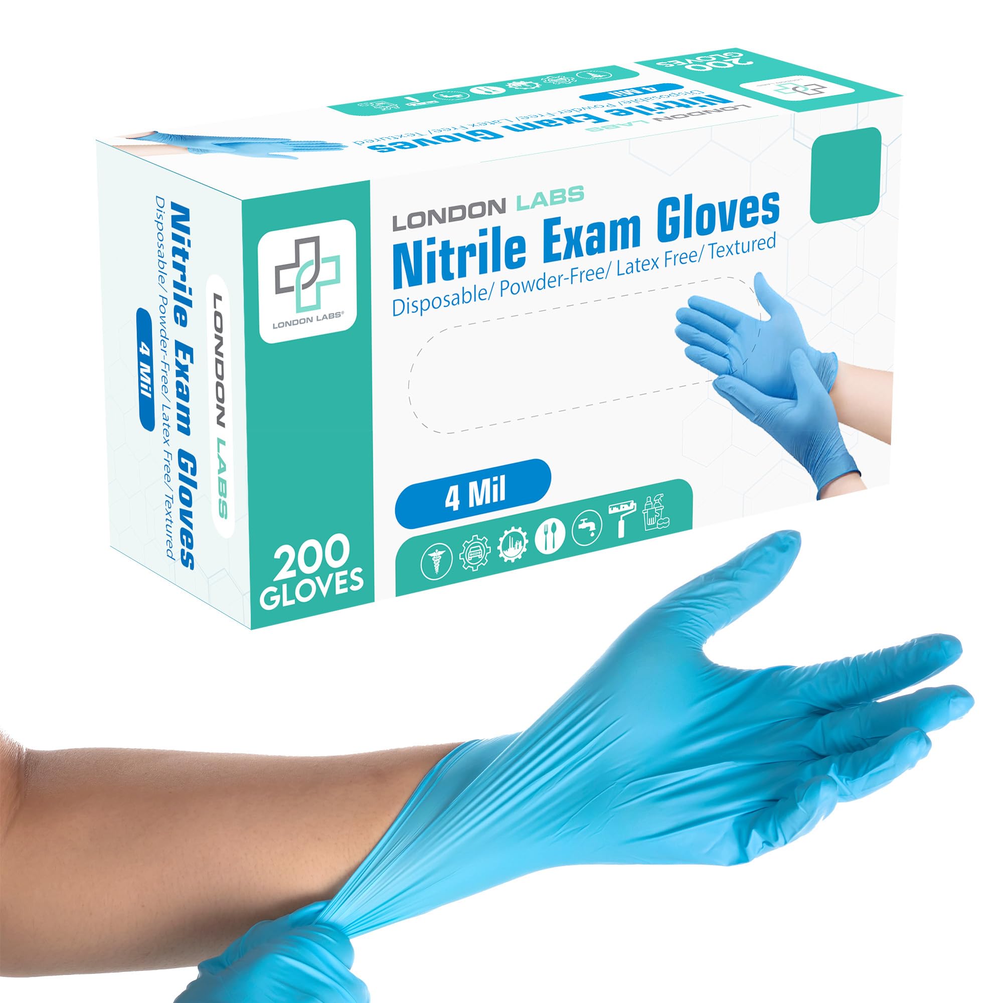 London Labs Nitrile Medical Exam Gloves 4 Mil Disposable Gloves, Latex Free Glove, Powder Free Multi-Purpose (200, X-Small)