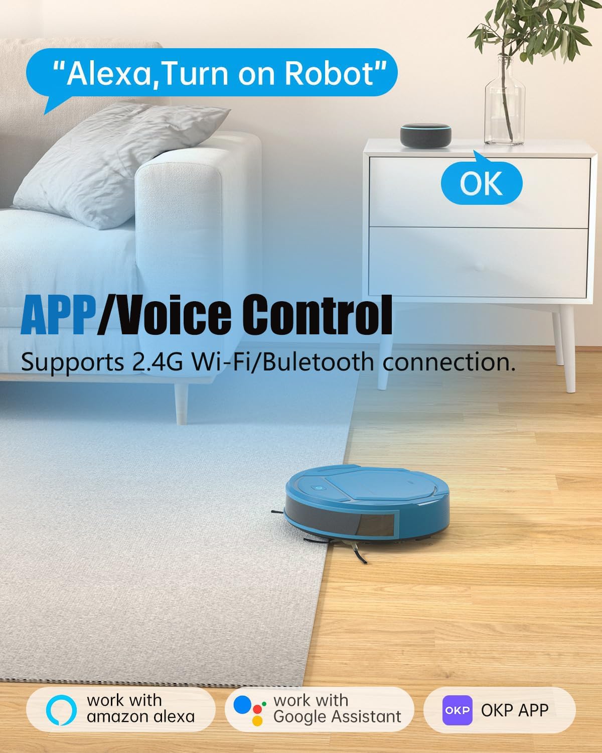 OKP Robotic Vacuum Cleaner, WiFi/App/Alexa, Robot Vacuum Cleaner with Schedule, Accurate Obstacle Crossing, Self-Charging, Slim Design, Quiet, Perfect for Hard Floors, Pet Hair, Carpets
