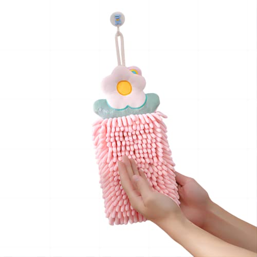 ALUKAP Chenille Flower Hand Towel, Fuzzy Ball Hand Towel, Kitchen Bathroom Hand Towels, Hanging Hands Towels Ball Soft Touch Fast Drying, 1 Pack Thickened Towel Pink