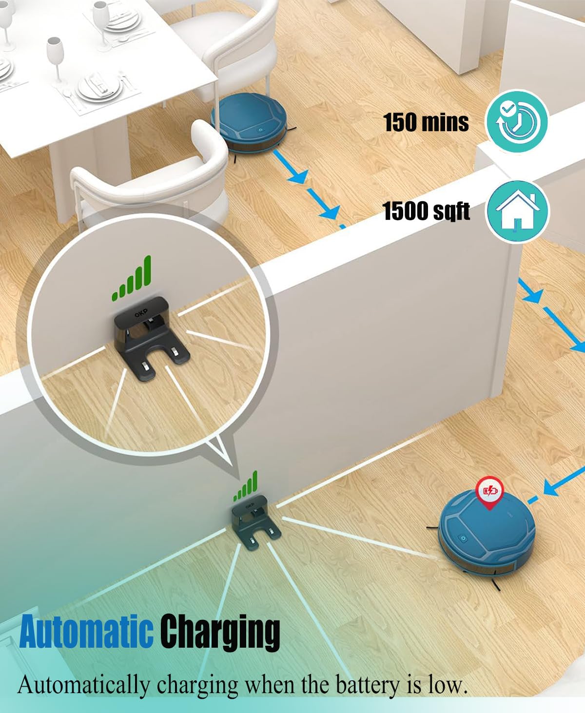 OKP Robotic Vacuum Cleaner, WiFi/App/Alexa, Robot Vacuum Cleaner with Schedule, Accurate Obstacle Crossing, Self-Charging, Slim Design, Quiet, Perfect for Hard Floors, Pet Hair, Carpets
