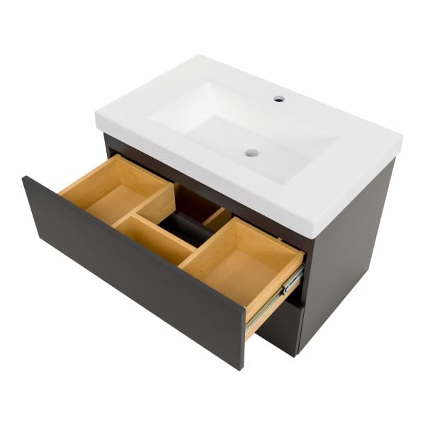 Spring Mill Cabinets Innes 30 Inch Floating Bathroom Vanity with White Single Sink Top, 2 Soft-Close Drawers, 30.5" W x 18.75" D x 22.25" H, Cement