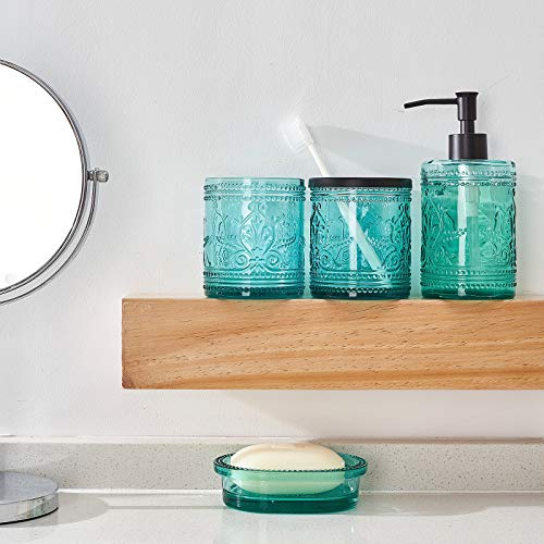5PCs Teal Blue Glass Bathroom Accessories Set & Toilet Brush and Holder with Decorative Pressed Pattern - Includes Hand Soap Dispenser & Tumbler & Soap Dish & Toothbrush Holder& Toilet Brush and Holde