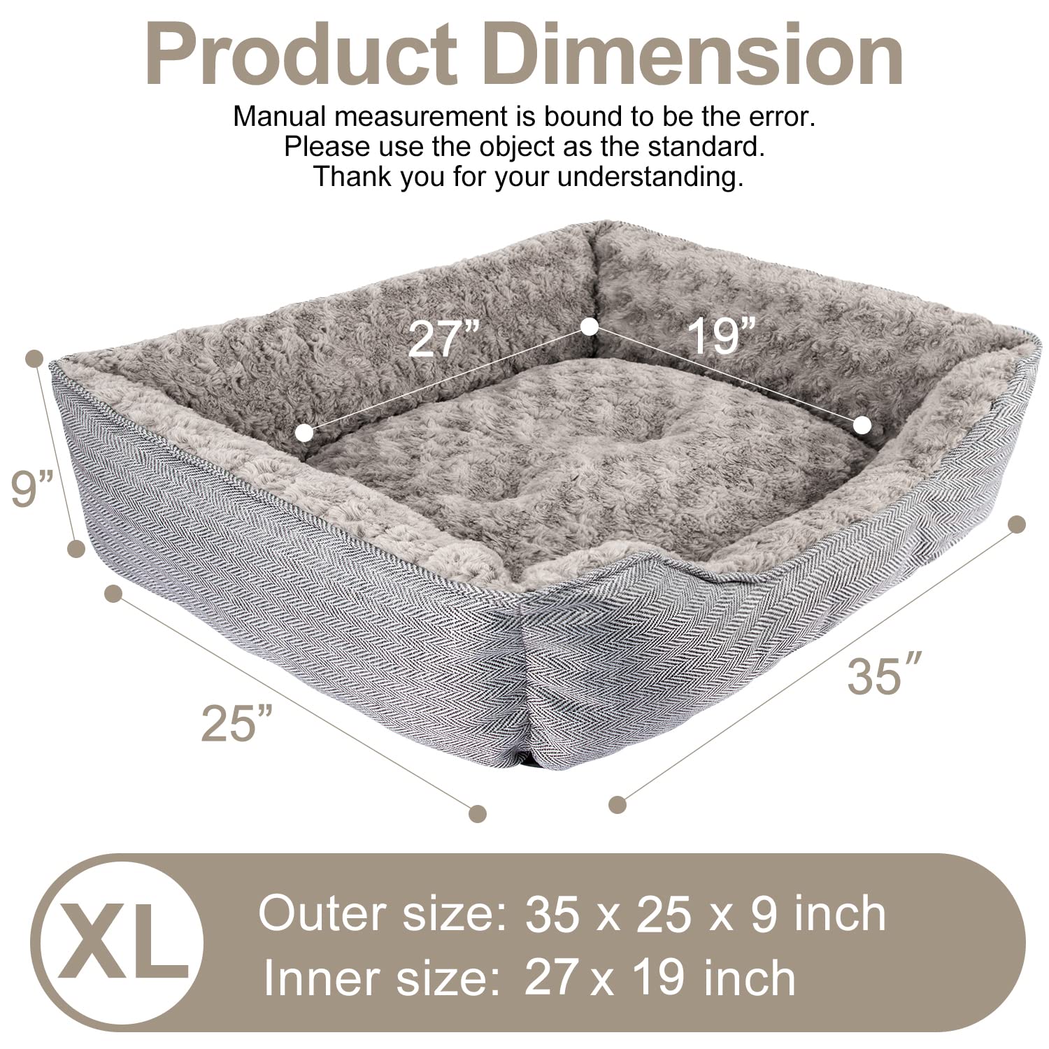 FURTIME Dog Bed for Large Medium Small Dogs Soft Washable Pet Bed Orthopedic Dog Sofa Bed Breathable Rectangle Sleeping Bed Anti-Slip Bottom(35'', Grey)