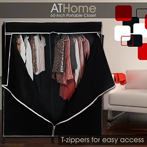 ATHome Lightweight, Durable, Sturdy, Dust and Moisture Proof, Easy Open T-Zipper, Portable Closet Wardrobe, 60 inches, Black
