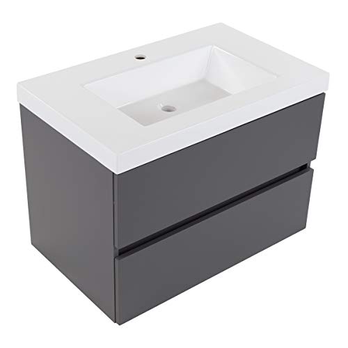 Spring Mill Cabinets Innes 30 Inch Floating Bathroom Vanity with White Single Sink Top, 2 Soft-Close Drawers, 30.5" W x 18.75" D x 22.25" H, Cement