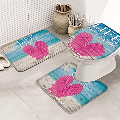 Apular Fashion 3 Piece Bath Rugs Set Pink Flip Flops on The Beach, Vintage Blue Farm Wooden Grain Non Slip Ultra Soft Bathroom Accessories Mats, U Shape Mat and Toilet Lid Cover Mat Bath Mats