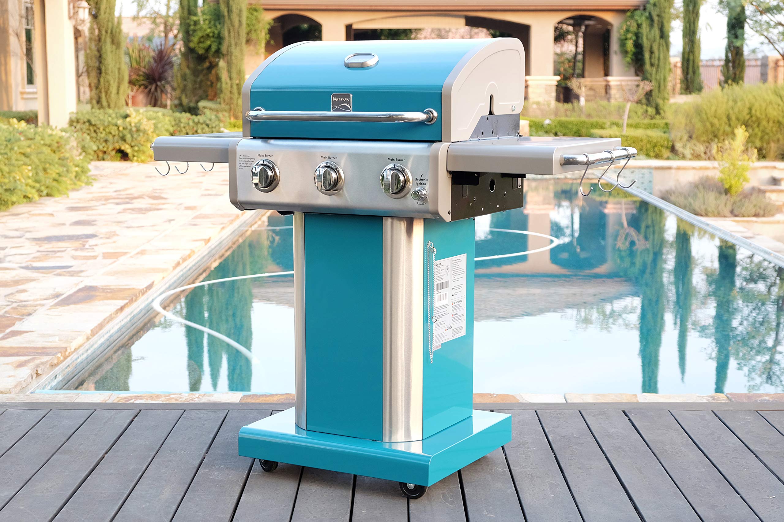 Kenmore 3-Burner Propane BBQ Grill, 30,000 BTUs Gas Grill with Cast Iron Cooking Grates, Folding Side Tables & Wheels, Outdoor Grill with Tool Hooks, Teal