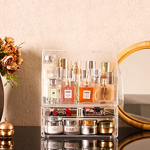 Cq acrylic Cosmetic Display Cases With LId Dust Water Proof for Bathroom Countertop Stackable Large Clear Makeup Organizer and Storage With 3 Drawers,Set of 2