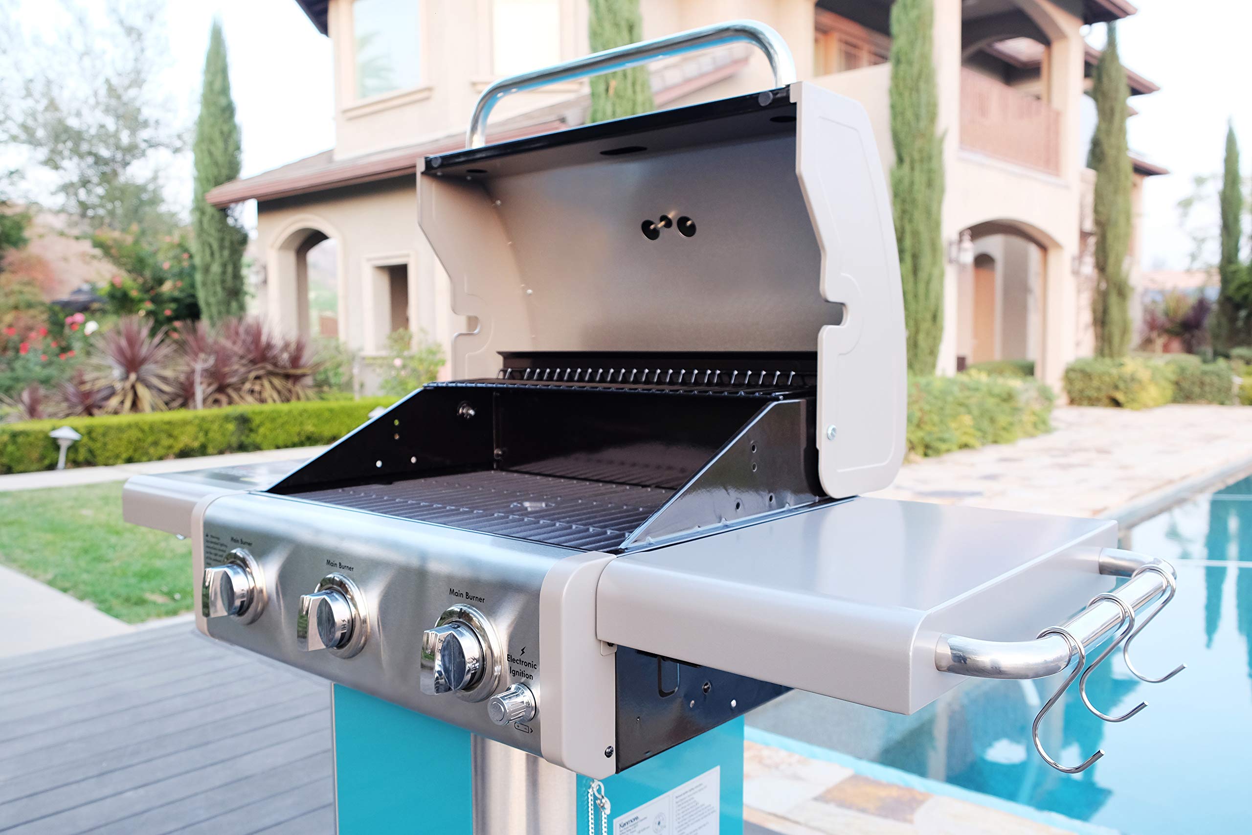 Kenmore 3-Burner Propane BBQ Grill, 30,000 BTUs Gas Grill with Cast Iron Cooking Grates, Folding Side Tables & Wheels, Outdoor Grill with Tool Hooks, Teal
