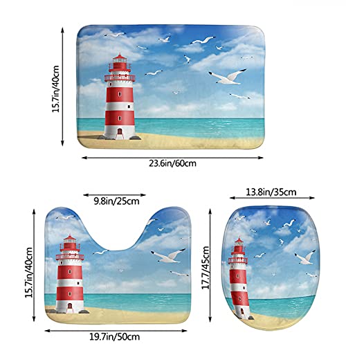 WONDERTIFY Lighthouse Bathroom Antiskid Pad Beach Bright Cloud Blue Sky 3 Pieces Bathroom Rugs Set, Bath Mat+Contour+Toilet Lid Cover Colorful