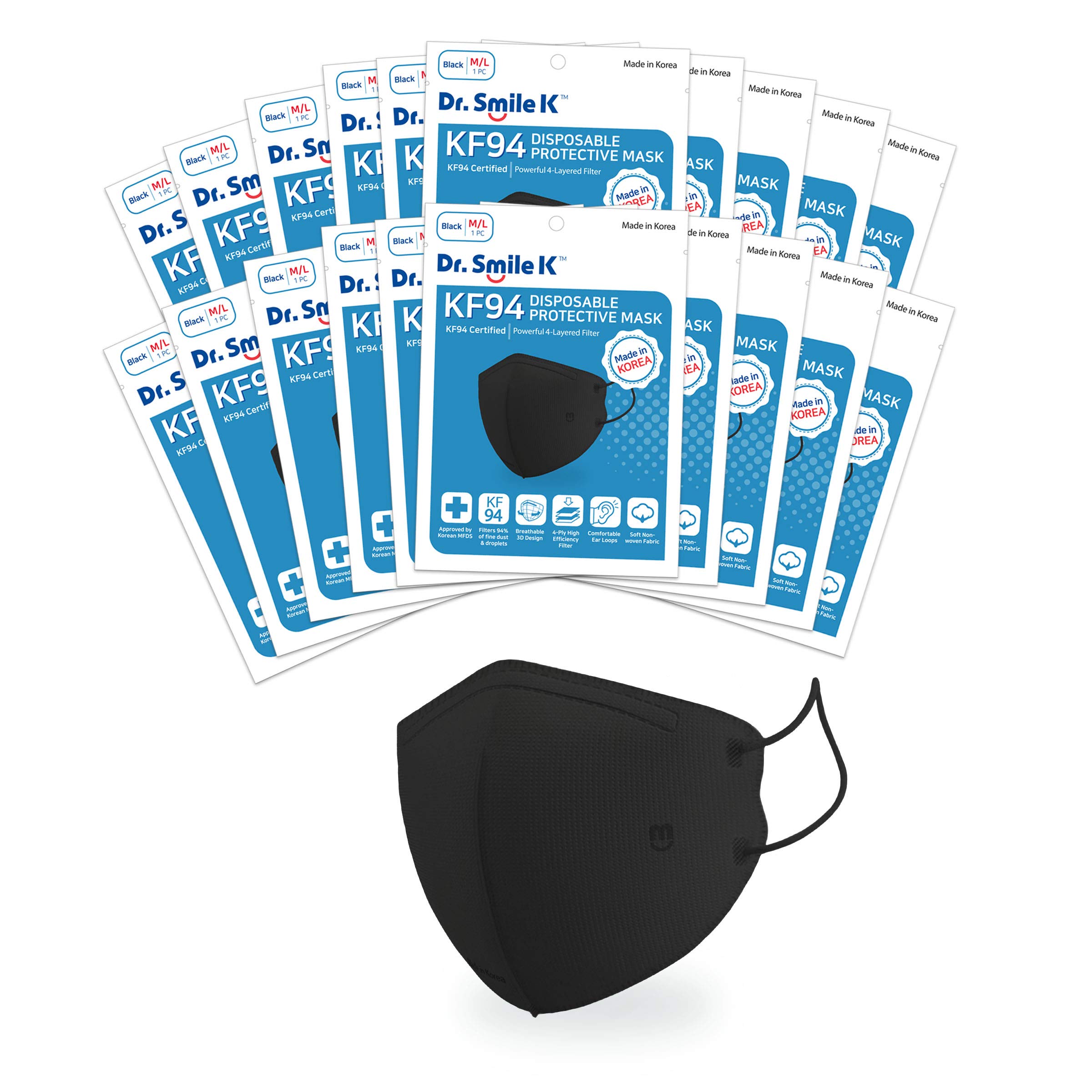 Aurora World Dr. Smile K - 20 Pack KF94 Disposable Face Masks Black - SIZE ML - Unisex - 4- Layer Filter Made in Korea - KF94 Certified,MediumLarge