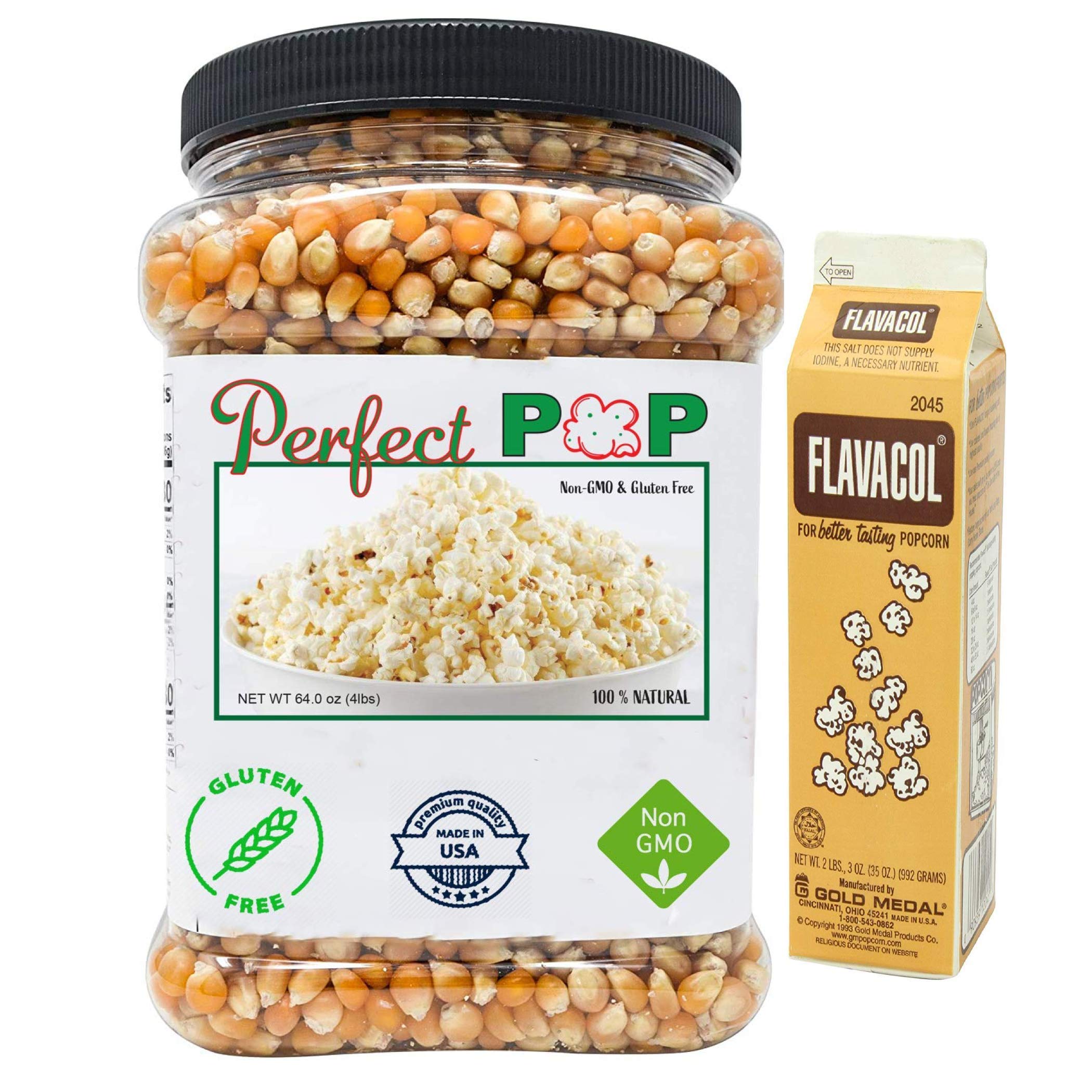 Concession Essentials Premium Gourmet Yellow Popcorn and Popcorn Salt Kit. Flavacol Popcorn Season Salt - 1 35oz Carton and 4lbs Premium Yellow Popcorn Kernals